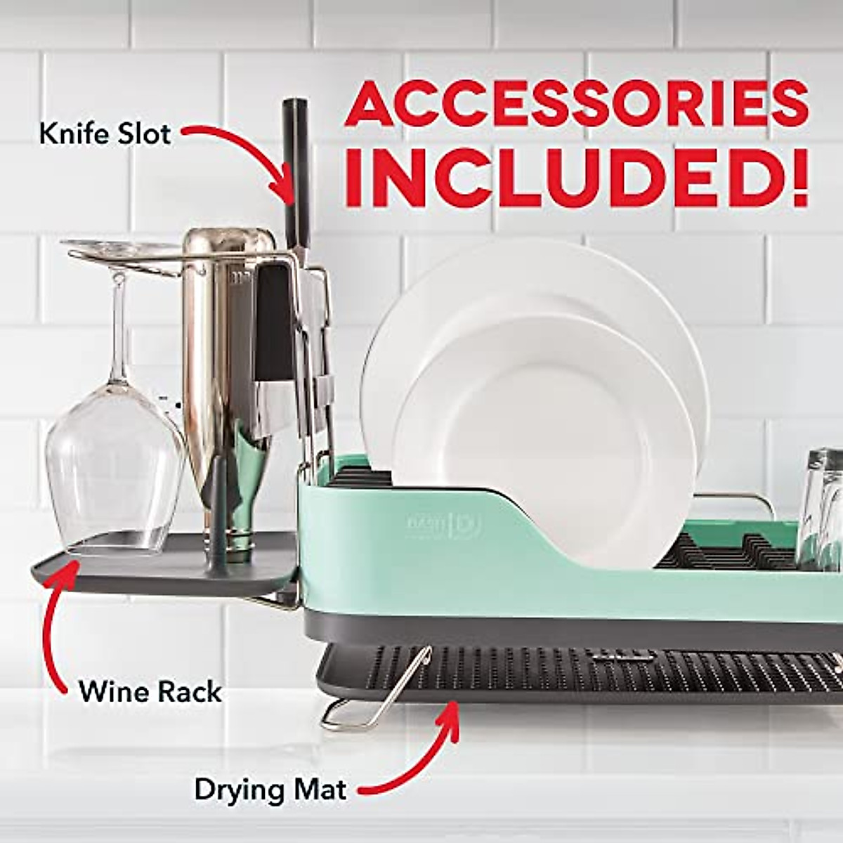 DASH SmartStore™ Full Size Dish Rack – Plates, Cups, Utensil Holder, Knife Slot, Drainage Spout + Drying Mat – Aqua