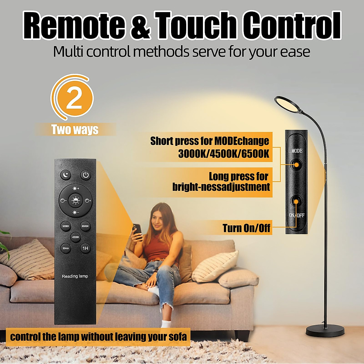 YOPSTAR Floor Lamp, LED Reading Light, Bright Modern Tall Lamp, 3 Color Temperatures & Brightness, Adjustable Gooseneck Standing Lamp with Remote & Touch Control for Living Room, Bedroom, Office