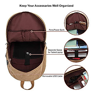 UNIWALK Canvas Laptop Backpack, Waterproof College Backpack With USB Charging Port For Men Women, Vintage Anti-theft Travel Daypack Rucksack Fits up to 15.6 inch Computer(Brown)