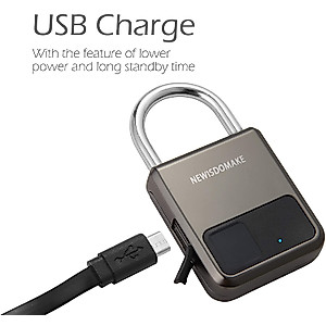 Fingerprint Padlock, Smart Padlock with USB Charging Support, Fingerprint Lock, Biometric Lock Suitable for Luggage, Bookcase, Suitcase, Backpack, Bike, School Locker, Gym Locker Lock(Gray)