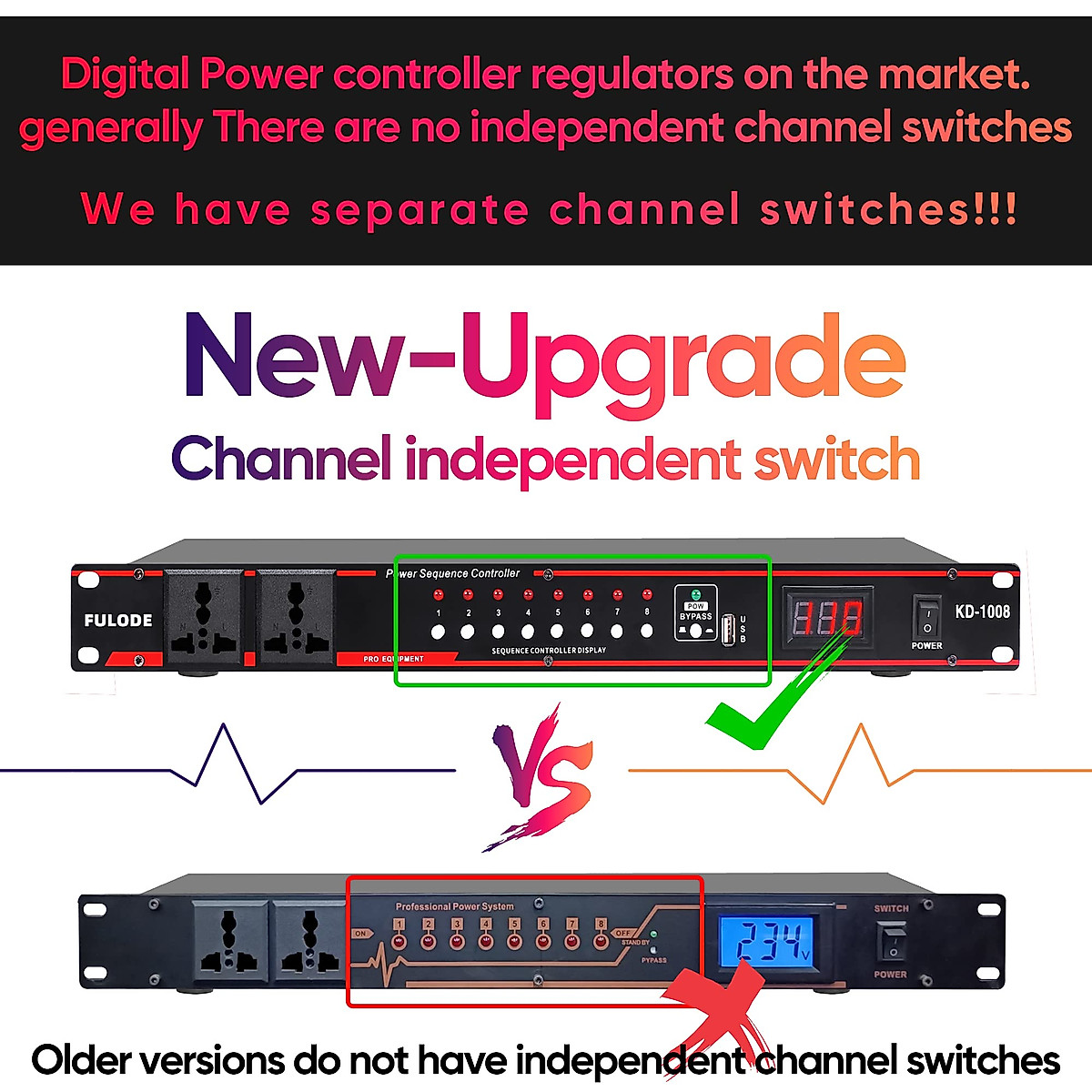 FULODE 10 Outlet Power conditioner -8 Independent Switch Rack power, Power conditioner rack mount Audio power conditioner Regulator w/Voltage Readout, With USB,Surge Protector (KD-1008)