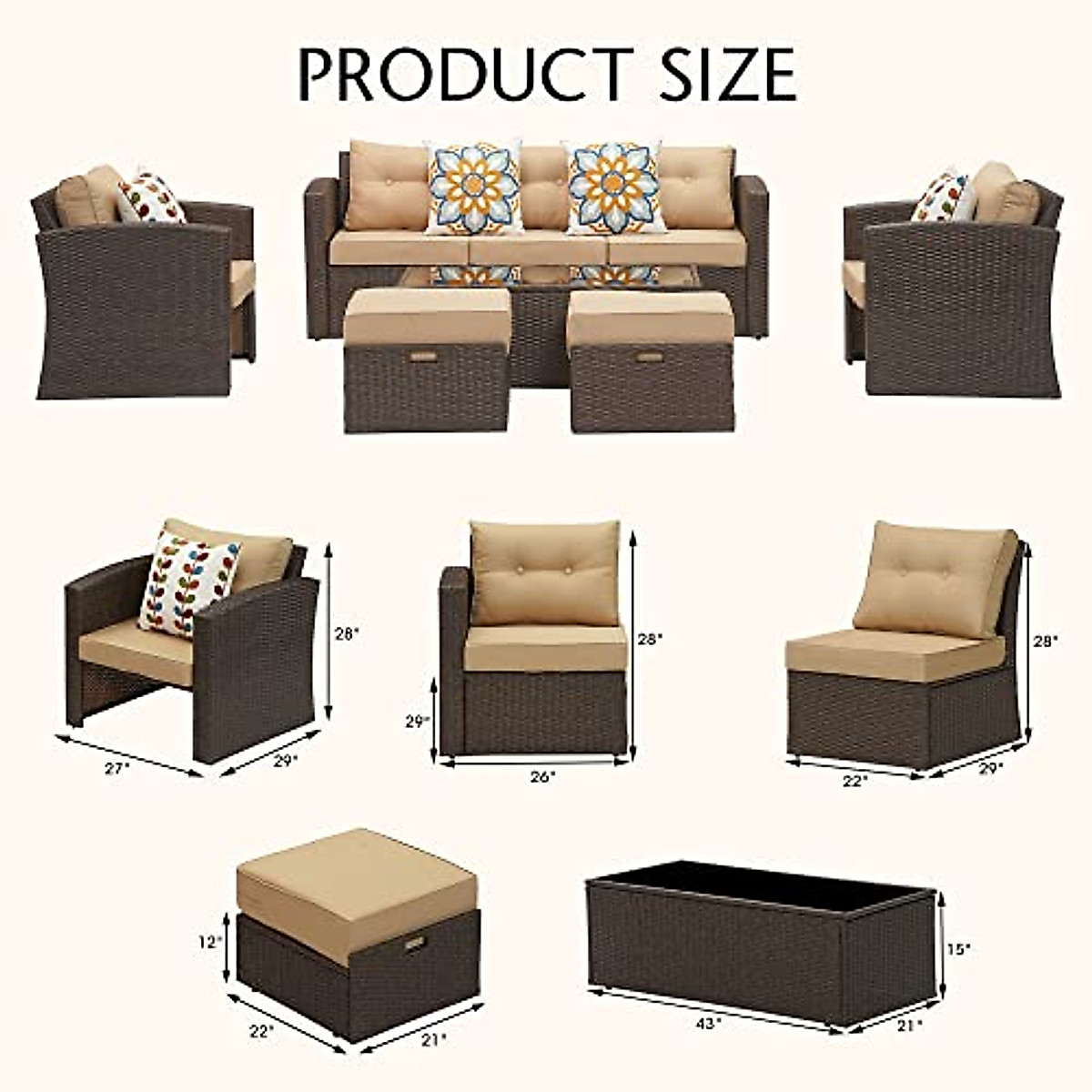 SUNVIVI OUTDOOR 8 Piece Outdoor Patio Furniture Set, PE Rattan Wicker Sofa Set, Outdoor Sectional Furniture Chair Set with Coffee Table and Ottoman（Brown/Beige）