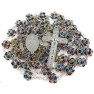 Nazareth Store Colorful Zirconia Crystal Beads Rosary Silver Catholic Necklace with Miraculous Medal Cross Crucifix Multicolor Rosaries in Velvet Bag