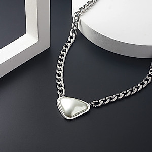 DASIQI Pearl Pendant Necklace Cuban Link Thick Silver Chain Stainless Steel Fashion Jewelry