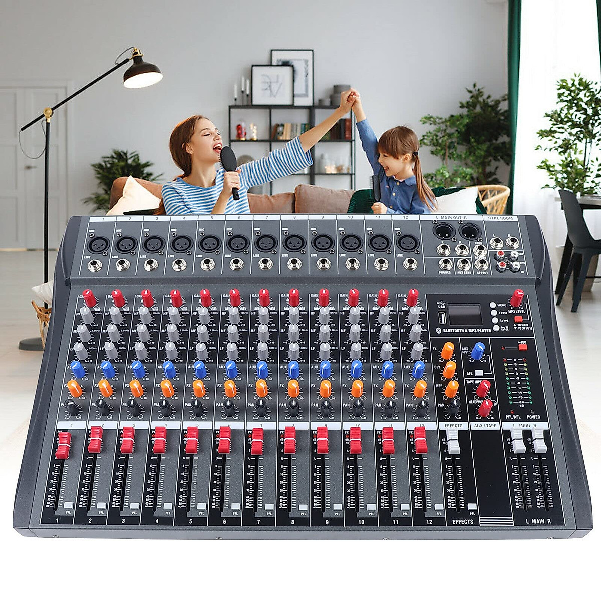 Professional Audio Mixer Sound Board Console,12 Channel Studio Audio Mixer,Bluetooth USB Live Studio Audio Mixing Power Mixing Amplifier Studio Audio DJ KTV Mixing Console USB Slot
