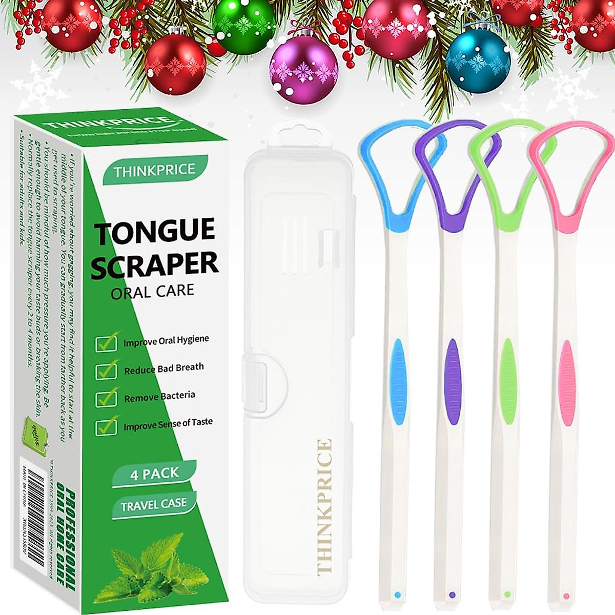 Tongue Scraper Cleaner 100% BPA Free Tongue Scrapers with Travel Handy Case for Adults, Kids, Healthy Oral Care, Easy to Use, Help Fight Bad Breath (4 PACK)