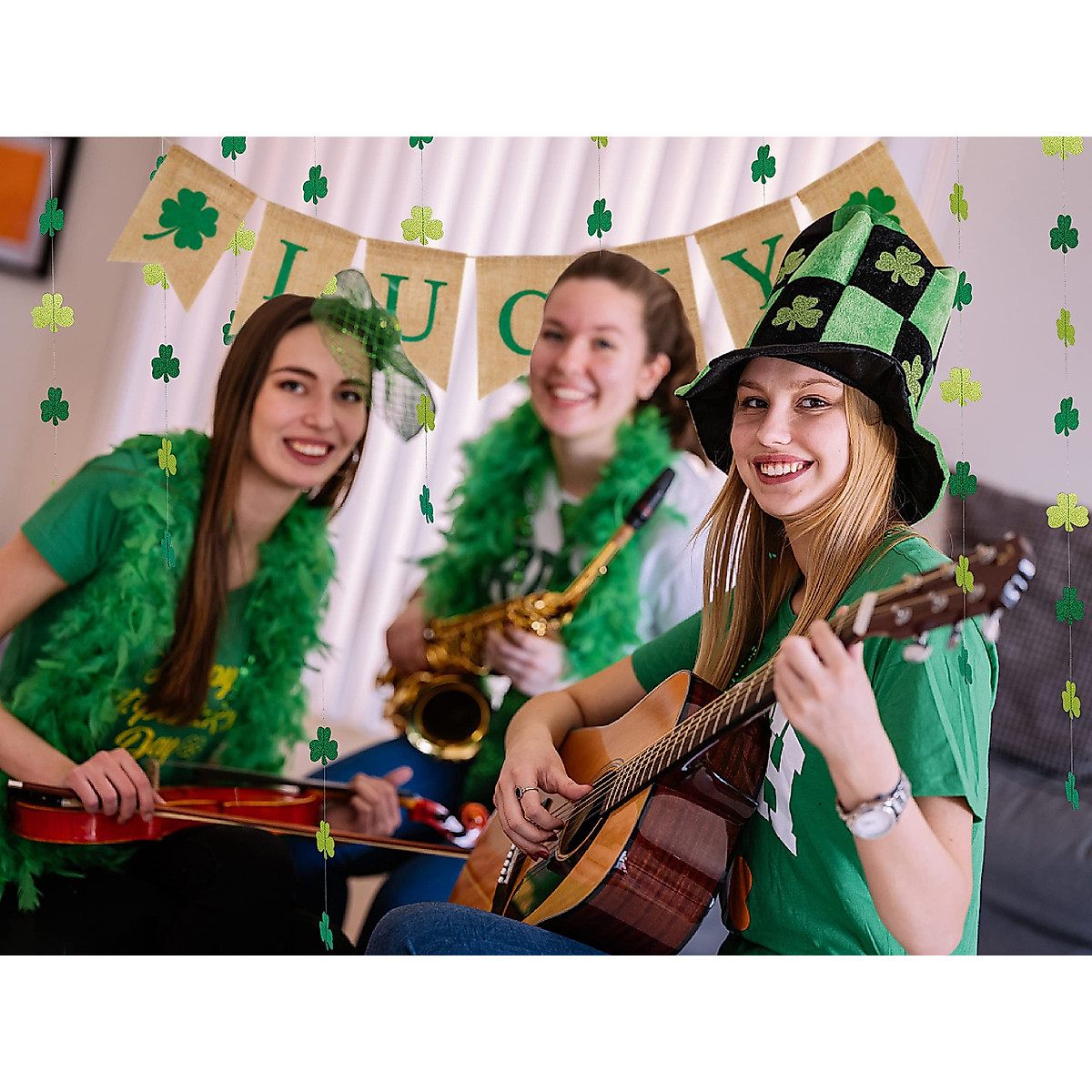 St Patricks Day Decorations, Lucky Shamrock Garland Banner, Patrick's Day Burlap Banners with 4 Glitter Shamrock Garland - NO DIY