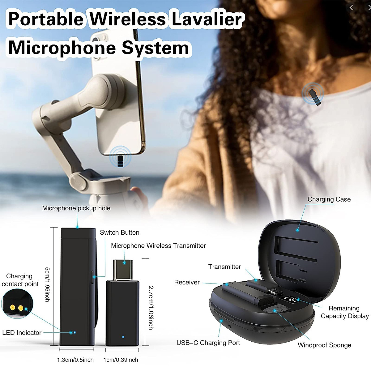 Wireless Lavalier Microphone System for Android/Computer/Laptop, Mini Bluetooth Microphone Cordless Lav Mic with 30Hours Charge Case,USB-C Lapel Microphone Wireless for YouTube Podcast Tiktok Vlog ect