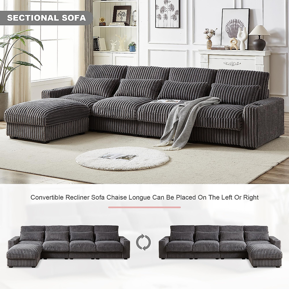 BUIORD 128" Oversized Modular Corduroy Sofa,L-Shaped Upholstered Sofa with Ottoman&Cup Holders,4-Seater Convertible Sofa with Charge Port&Waist Pillows&Back Cushion for Living Room (Grey)