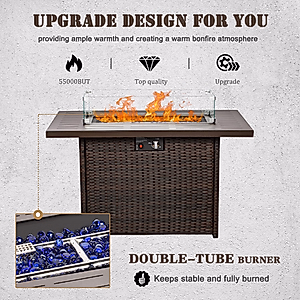 Vakollia Propane Fire Pit Table,44 Inch 55000 BTU Outdoor Gas Fire Pit Rectangular with Glass Wind Guard for Outside Patio Deck (Brown-Aluminum Top)