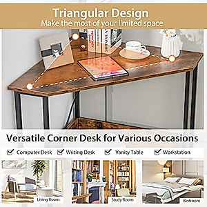 Tangkula Corner Desk with Power Outlet & USB Ports, Triangle Computer Desk with Charging Station, Storage Shelf, Space Saving Writing Desk, Vanity Table, Corner Desk for Small Space (Rustic Brown)