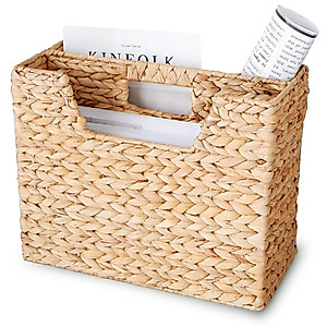 Chi An Home Wicker Magazine Basket, Water Hyacinth Basket for Files, Rattan Newspaper Rack Skinny Wicker Basket for Books & Files, Divided Hyacinth Basket With Handle (Medium)