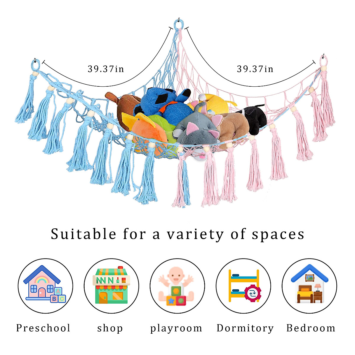 Yvqxvv Stuffed Animal Toy Hammock - Corner Hammock Organizer Display Holder Net Storage Rack Hanging Toys for Boho Kids Girls Bedroom Play Room Decor(Pink＆Blue)