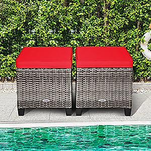 Tangkula 2 Pieces Patio Rattan Ottomans, Outdoor Wicker Footstool Footrest Seat with Soft Cushions and Steel Frame, All-Weather Patio Ottoman Set for Backyard Garden Poolside (Red)