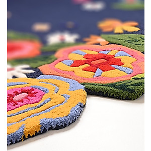 Handmade Colorful Roses Floral Wool Area Rug | Irregular Shape, Blossom & Vibrant Multi-Colored Garden Flower Pattern | Thick & Soft Carpet for Living, Bedroom & Kitchen Deco (Navy, 5' x 8')