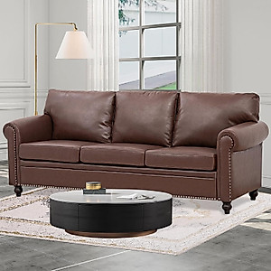 Brown Leather Couch, Comfy Classic 3 Seater Living Room Sofa，Mid-Century Modern Sofa with Detachable Cushions 84" for Living Rooms, Bedrooms, Offices,Apartments Tool-Free Assembly(Brown PU + Sofa)