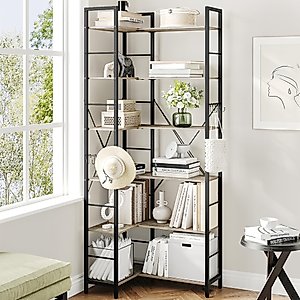 Hzuaneri Corner Bookshelf Bookcase, L-Shaped Industrial Bookshelves, Modern Tall Bookcases, Freestanding Display Shelf Storage Rack for Bedroom, Living Room, Home Office, 6-Tier Greige BC29605B