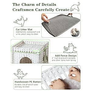 SETVSON Cat Litter Box Enclosure Cat Litter Box Furniture Hidden with Cat Litter Mat, Cat Litter Box Furniture with Two S-Shaped Hooks, Handwoven Rattan Cat House for Living Room, Bedroom, (White