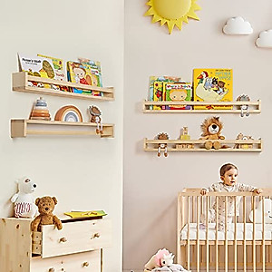 Fun Memories Nursery Book Shelves Set of 2 - Rustic Natural Solid Wood Floating Bookshelf for Kids - Wall Book Shelves Kitchen Spice Rack for Kids Room, Home Decor - Natural Wood - 32 Inch
