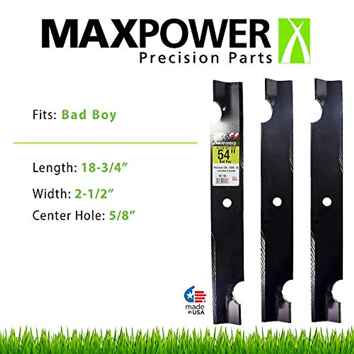 MaxPower 561149B 3 Blade Set for 54" Cut Bad Boy Mowers, Replaces OEM no. 038-0005-00, Black