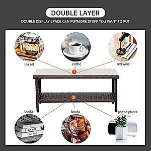 Outdoor Wicker Coffee Table Patio Furniture Garden Rattan 2-Layer Glass Table with Storage and Furniture Cover, Brown