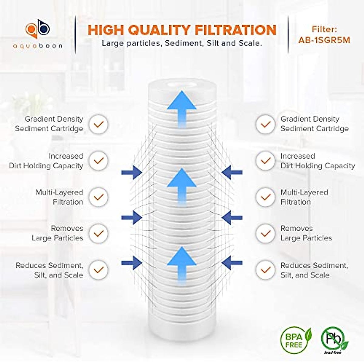 Aquaboon 5 Micron 10" x 2.5" Grooved Sediment Water Filter Replacement Cartridge for Any 10 inch RO Unit, Whole House Sediment Filtration, Compatible with P5, AP110, WFPFC5002, CFS110, RS14, 25-Pack