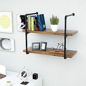 mecor 2022 New Industrial Wall Shelf 2-Tier with Planks, Wall Mount Iron Pipe Shelves, Wood and Metal Frame Wall Bookcase