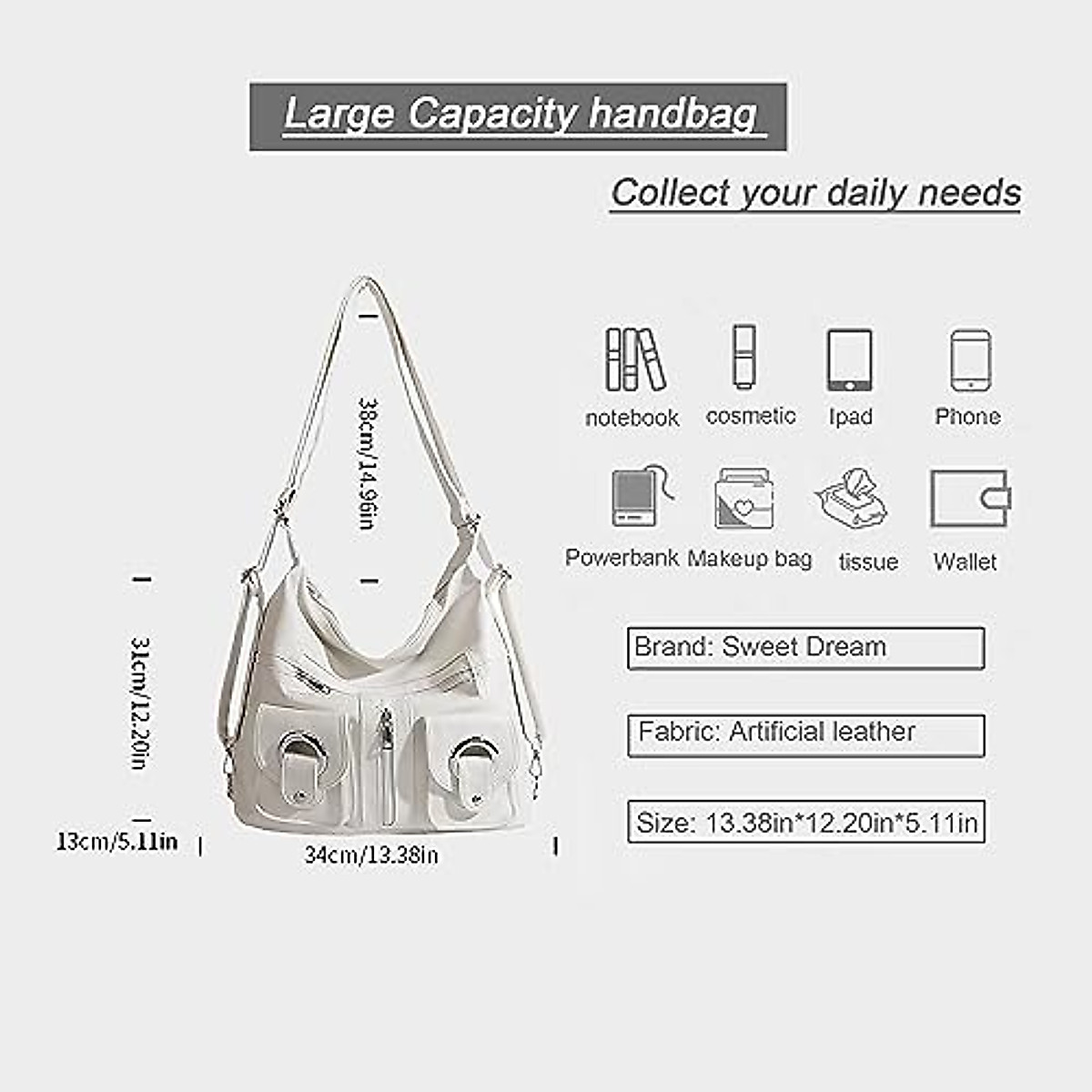 Faux Leather Tote Bag for Women - Large Capacity Shoulder Hobo Handbag Work Purse