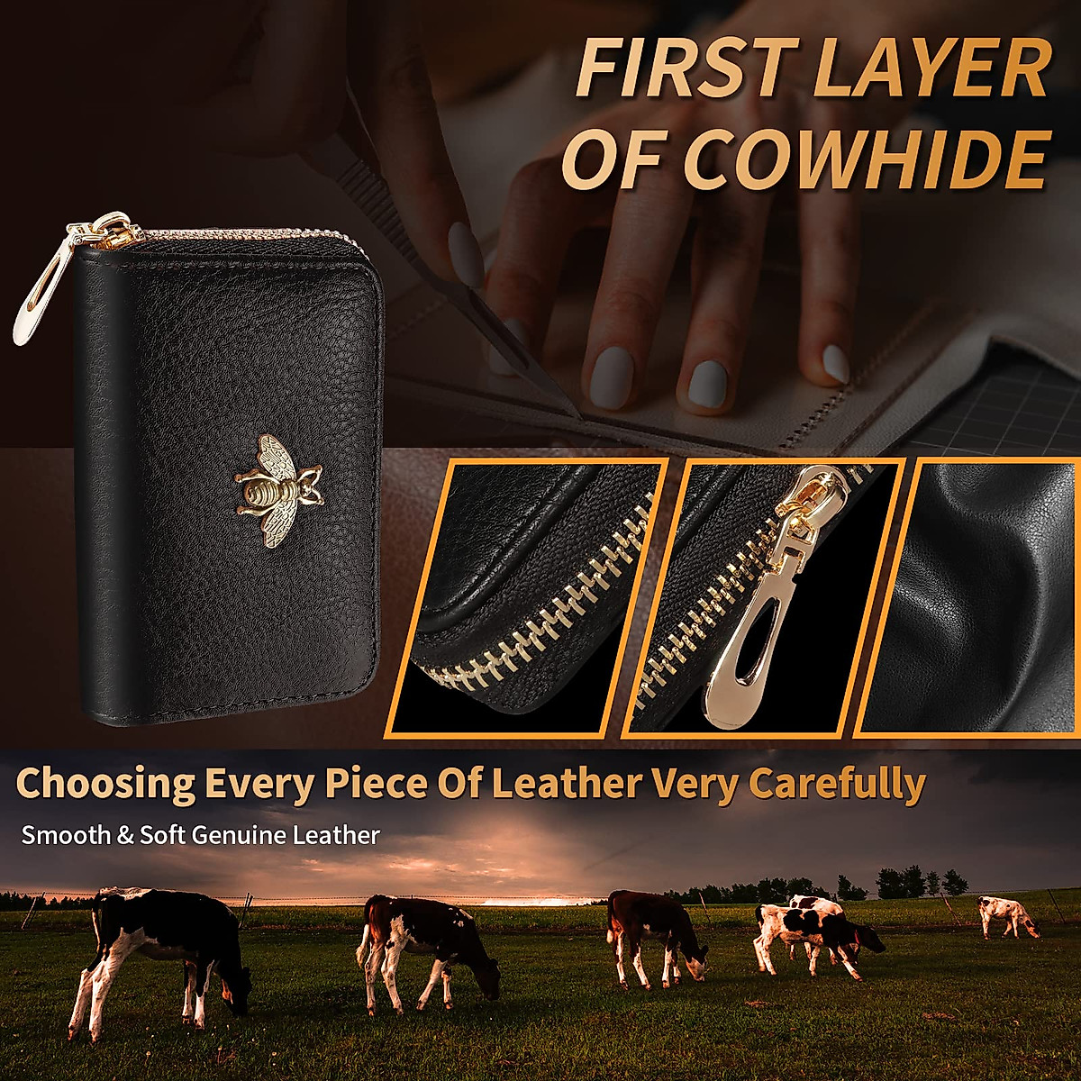 Credit Card Holder Wallet Case Womens Teen Girls Ladies Female Bee Genuine Cowhide Leather Small Black Rfid Blocking Wallets With Detachable Beaded Chain Zipper Around