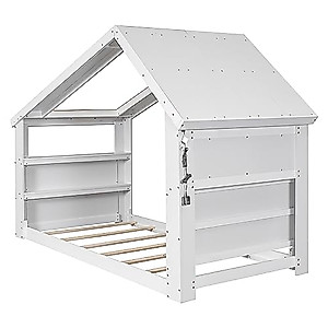 AnwickNomo Solid Wood Twin Canopy Platform Bed Frame with Roof Window and LED Light, Twin House Floor Bed Frames for Kids, Boys, Girls, Teens, Mattress Foundation, No Box Spring Needed (White)