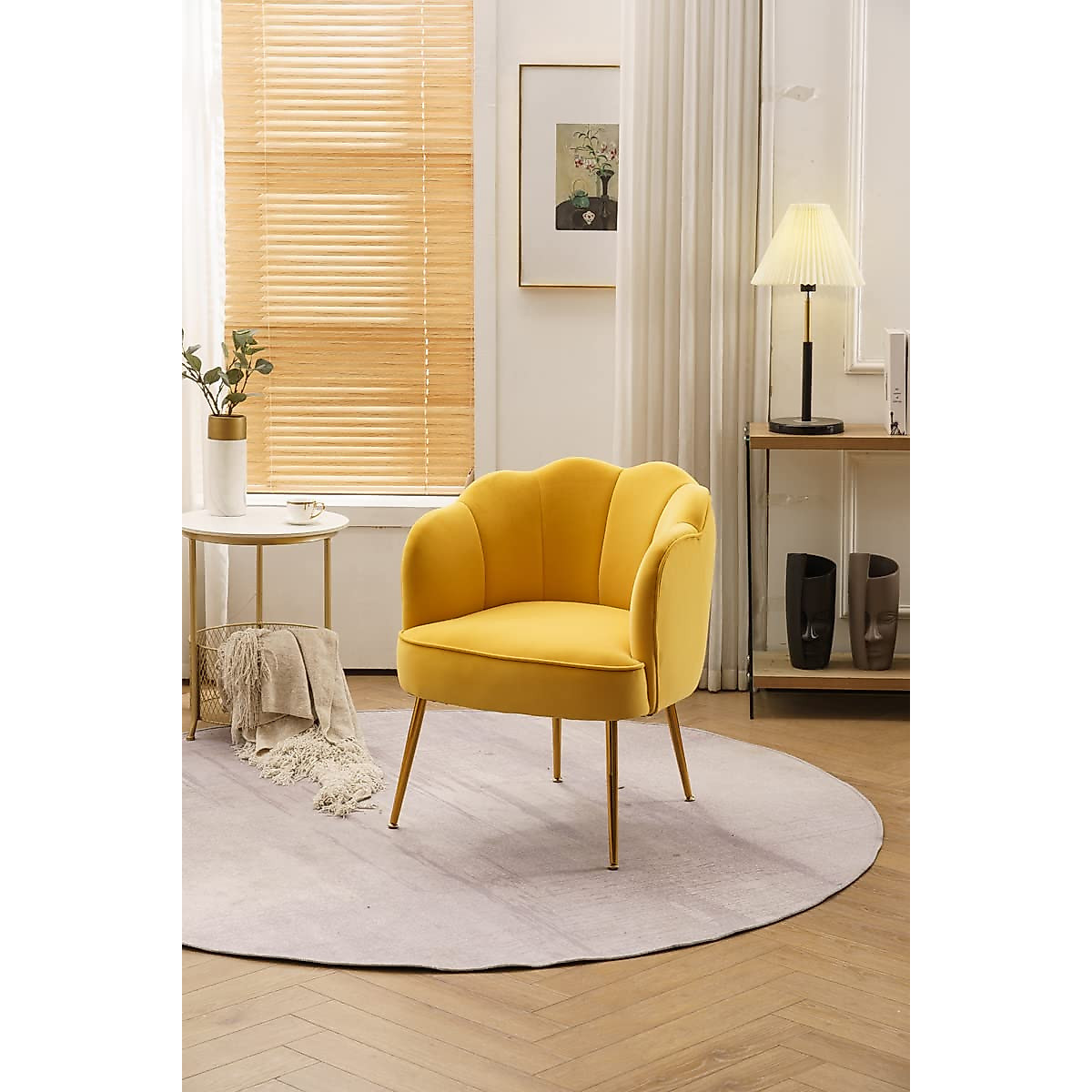 Yone jx je Modern Shell Chair Accent Chair, Velvet Armless Accent Chair, Barrel Chair Button-Tufted Decorative Sitting Chair, Corner Side Chair, Vanity Chair for Bedroom, Living Room (Yellow)