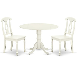 East West Furniture DLKE3-LWH-W 3 Piece Dining Room Table Set Contains a Round Kitchen Table with Dropleaf and 2 Dining Chairs, 42x42 Inch, Linen White