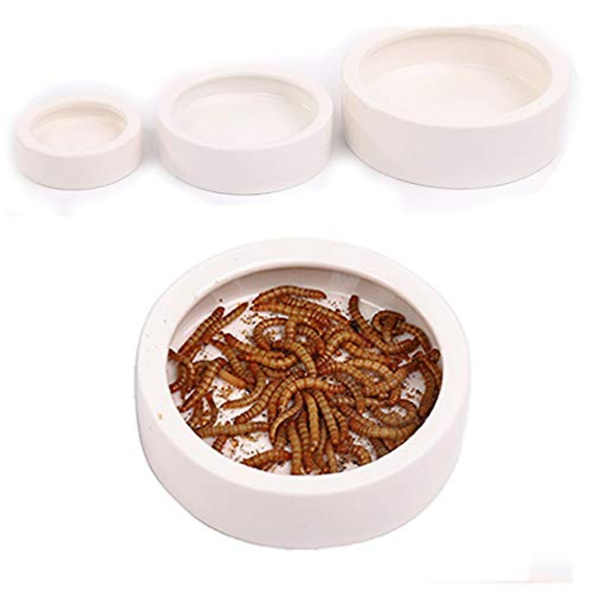 Reptile Food Water Bowl, 2 pcs Ceramics Worm Dish ,Anti-Escape Reptile Water Feeder ,Mealworm Bowl for Lizard Gecko Bearded Dragon, (S,M,L) (Large)