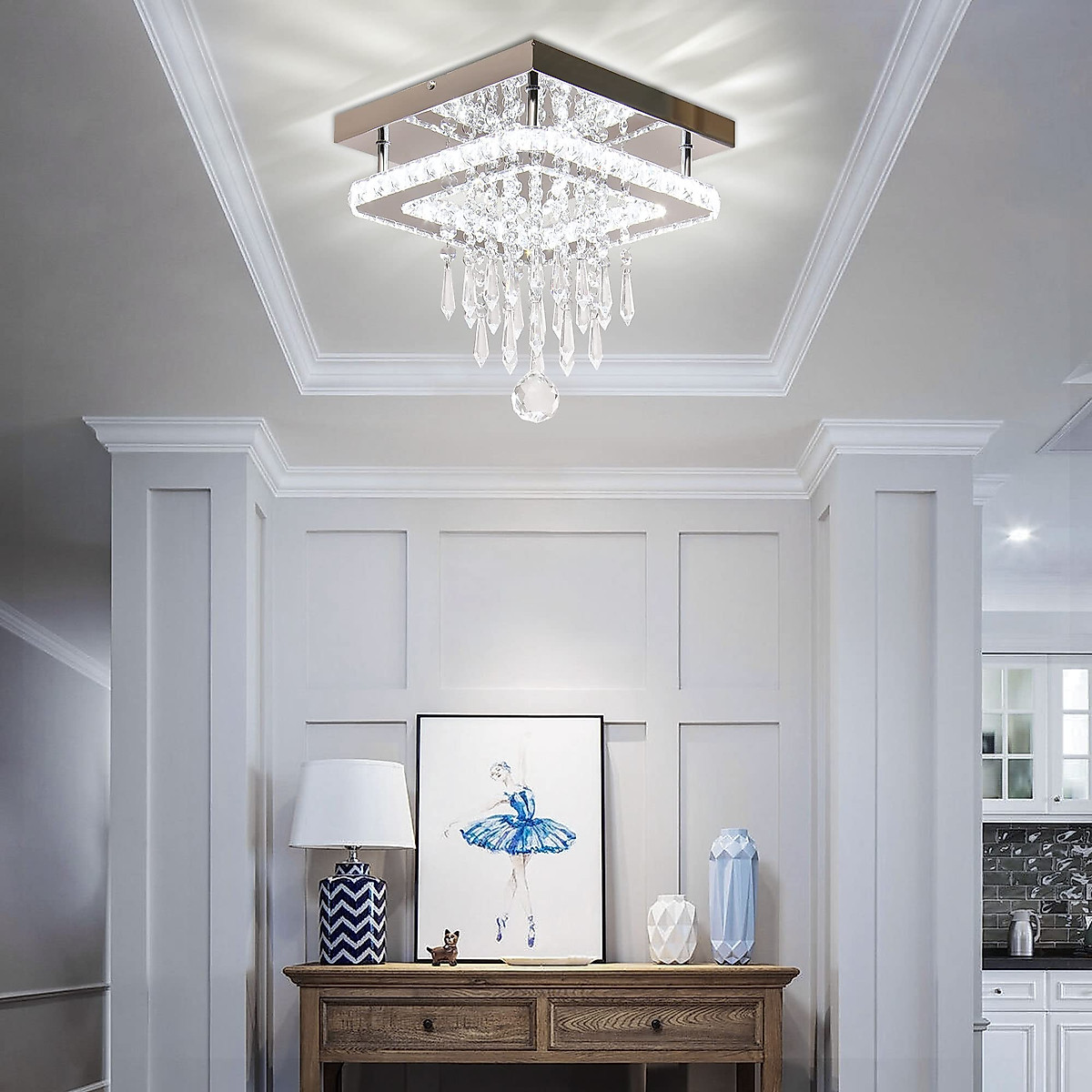 CXGLEAMING Square Crystal Chandelier Modern Crystal Ceiling Light Square LED Chandelier Flush Mount Ceiling Chandeliers for Dining Room Bedroom Hallway Closet (Cool White)