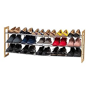 IRIS USA 3-Tier Shoe Rack, Up to 15 Pairs, 25" - 46"L Extendable Shoe Shelf, for Entryway Mudroom, Extendable Shoe Organizer for Closet, Stackable Shoe Storage, Metal Shoe Shelf for Small Space