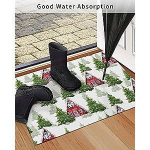 Indoor Outdoor Mats, Christmas Tree and Farm Barn Tile Pattern Door Mat, Non-Slip Absorbent Resist Dirt Entrance Mat Washable Welcome Mats for Entryway, Low-Profile Floor Mats