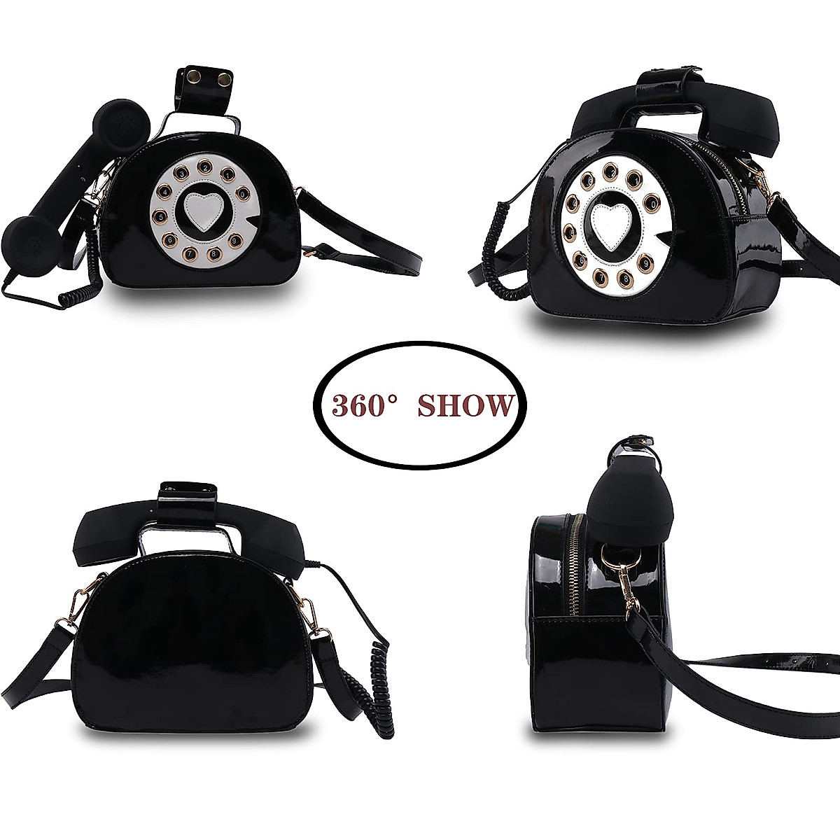 Fozehlad Novelty Telephone Shaped Shoulder Bag Funny Retro Phone Crossbody Bag Totes Chain Purse(Patent Leather,Black)