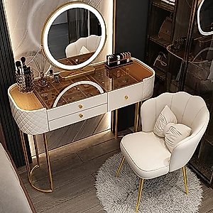 Bedroom Vanity Vanity Table with 3-Color Adjustable Touch Light, Large Vanity Table Set,Vanity Makeup Desk with Tempered Glass Desktop, for Women Girls (Size : 120cm-white)