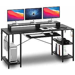 HYPIGO Workstation Desk with Keyboard Tray, 55 Inch Computer Desk with Storage Shelves Monitor Stands and 4 Iron Hooks, Industrial Desk for Home Office
