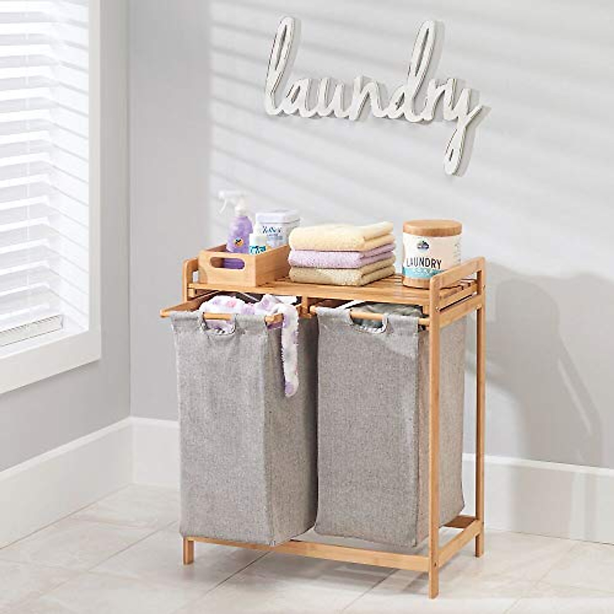 mDesign Freestanding Bamboo 2 Section Double Laundry Organizer Hamper with Removable Storage Sorter Bags, Space-Saving Basket Duo with Handles for Clothes/Linens - Echo Collection - Natural/Tan