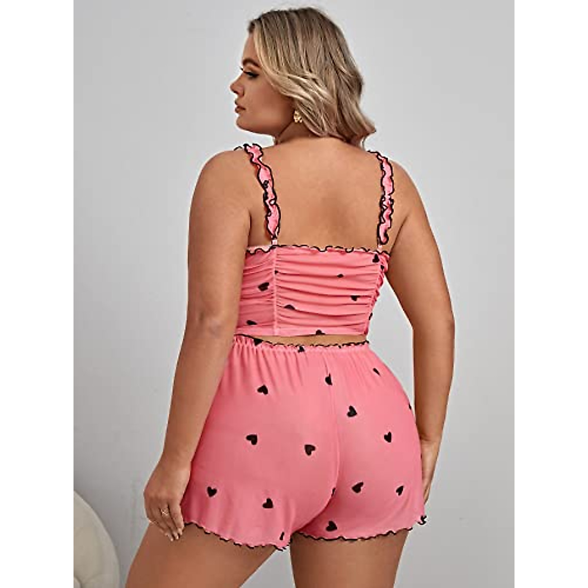 WDIRARA Women's Plus Size Sleepwear Heart Print Ruched Lettuce Trim Cami Top and Shorts Pajama Set Watermelon Pink 3XL