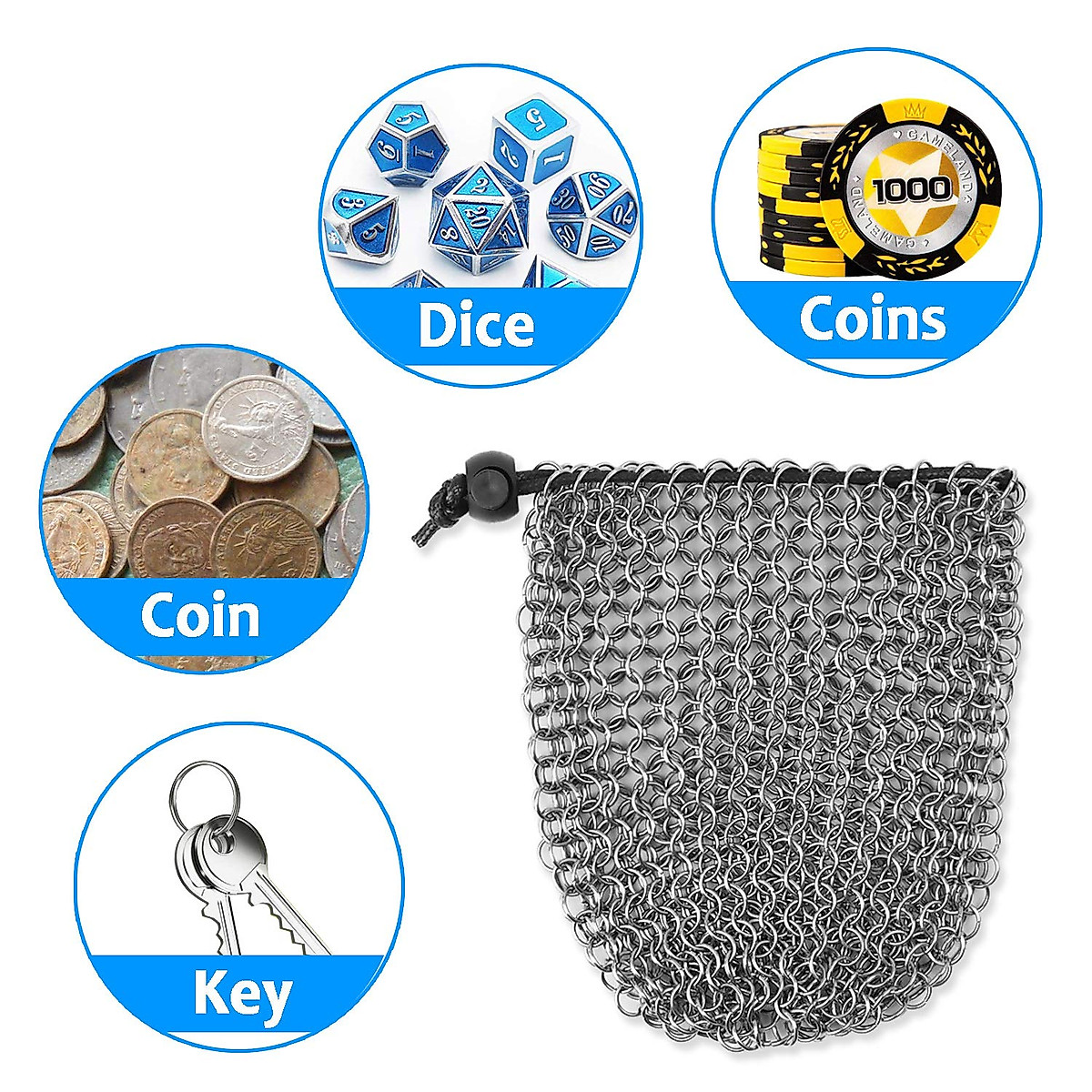 YOUSHARES Chainmail D&D Dice Bag - Large Capacity Stainless Steel Drawstring Dice Bag for Dungeons and Dragons Dice Set (Hold 100 DND Dice)
