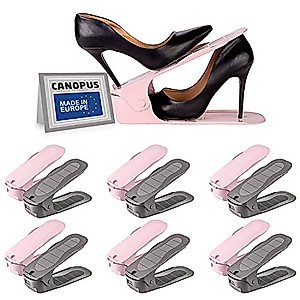 CANOPUS Shoe Slots Organizer, Adjustable Shoe Stackers, 12-pack: 6 Gray and 6 Pink, Made in Europe, Adjustable Slots to Double-up Closet Space, Double Level Shoe Organizer Suitable for Kids Shoes, Sneakers, High Heels and More