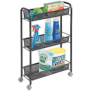 mDesign Steel Rolling Utility Cart Storage Organizer Trolley with 3 Basket Shelves for Laundry Room, Mudroom, Garage, Bathroom Organization - Holds Detergents, Hand Soap - Biro Collection, Black