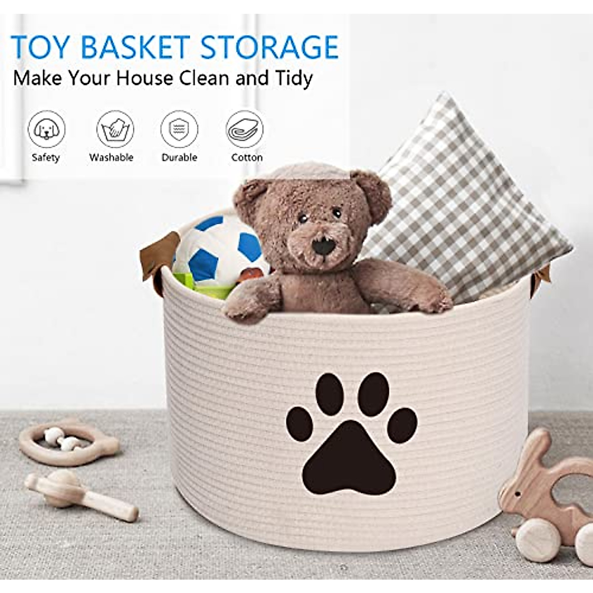 Morezi Dog toy bin pet cat toy box baskets in large suff storage - Perfect for collect toys, grooming stuff, closthing, diapers for Living Room, Playroom, Closet, Home - Beige