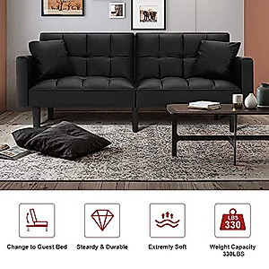 HOMHUM Modern Leather Convertible Futon Sofa Bed Folding Couch Recliner Adjustable Back with Arm Set for Living Room, Black