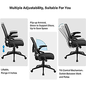 Nobofeeling Office Chair, Mesh Desk Executive Chair with 90° Flip-up Arms & Thick Cushion, Task Computer Home Chair with 5 Years Warranty, Black (Modern, Black) (Modern, Black)