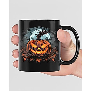 ATMTEE Halloween Night With Haunted Tree and Pumpkins Black Mug 11oz, Funny Gifts for Mens, Womens, Kids (11oz, Black)