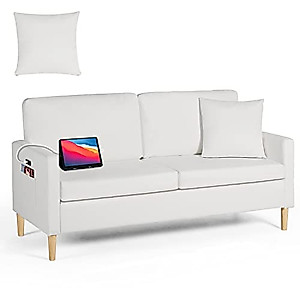 AILEEKISS 66" W Loveseat Sofa with 2 USB Mid Century Modern Love Seats PU Leather Furniture Tufted Upholstered Love Seat Couch for Living Room Office Apartment Bedroom (White)