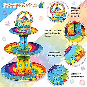 3 Tier 60's Hippie Theme Party Decorations 60s Groovy Cupcake Stand Peace Sign Decorations Cupcake Holder Tie Dye Peace and Love Dessert Tower for 60s 70s Hippie Carnival Birthday Party Supplies